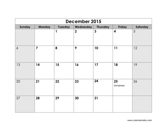 2015 Yearly Calendar in Word and Pdf formats - page 12 of 12