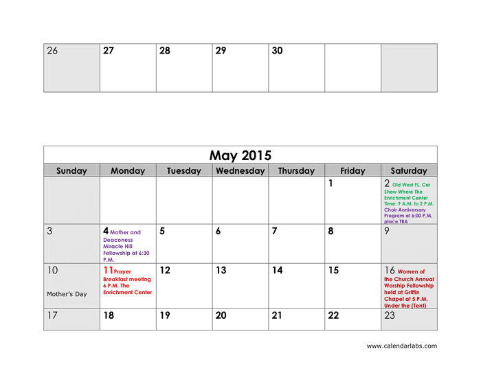 2015 Yearly Calendar in Word and Pdf formats - page 5 of 13