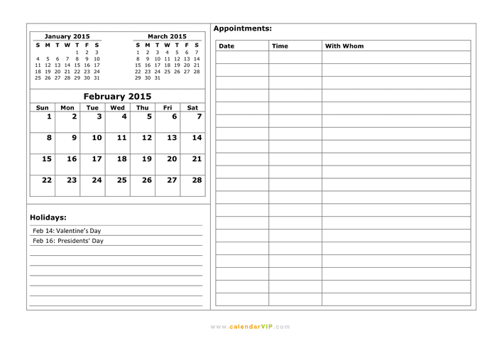 February 2015 Calendar - download free documents for PDF, Word and Excel