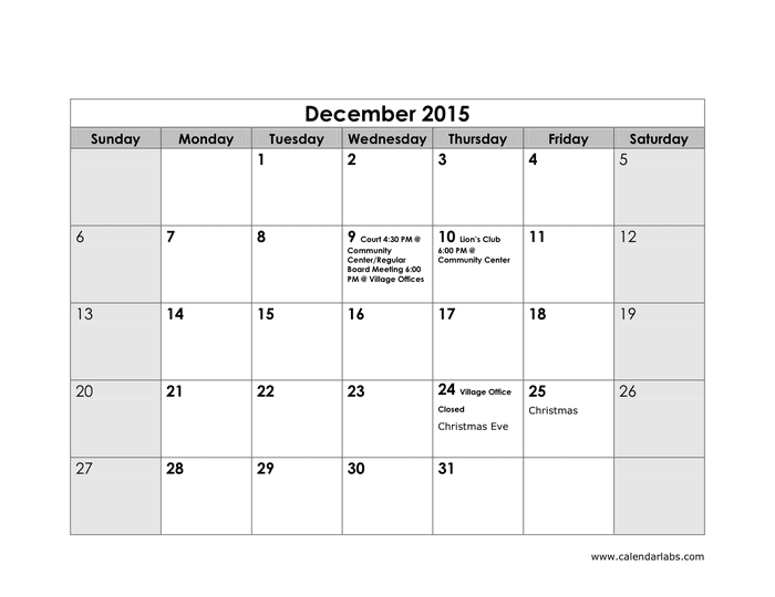 2015 Yearly Calendar in Word and Pdf formats - page 12 of 12
