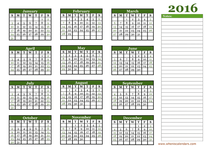 2016 Yearly Calendar in Word and Pdf formats