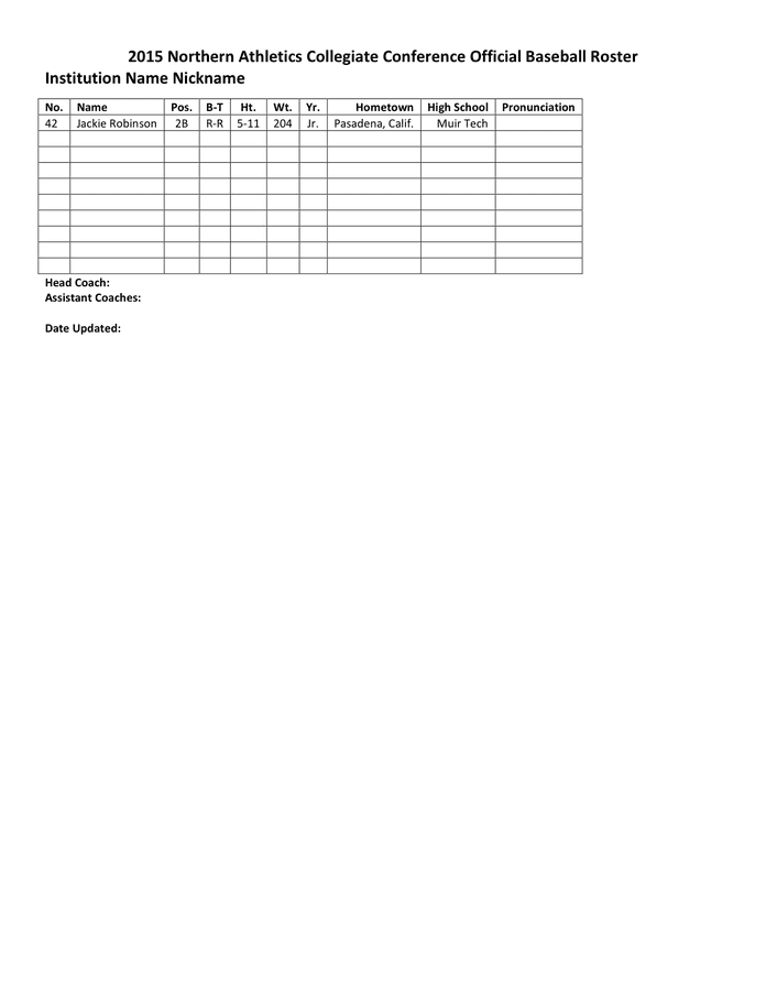 NACC Official Baseball Roster in Word and Pdf formats