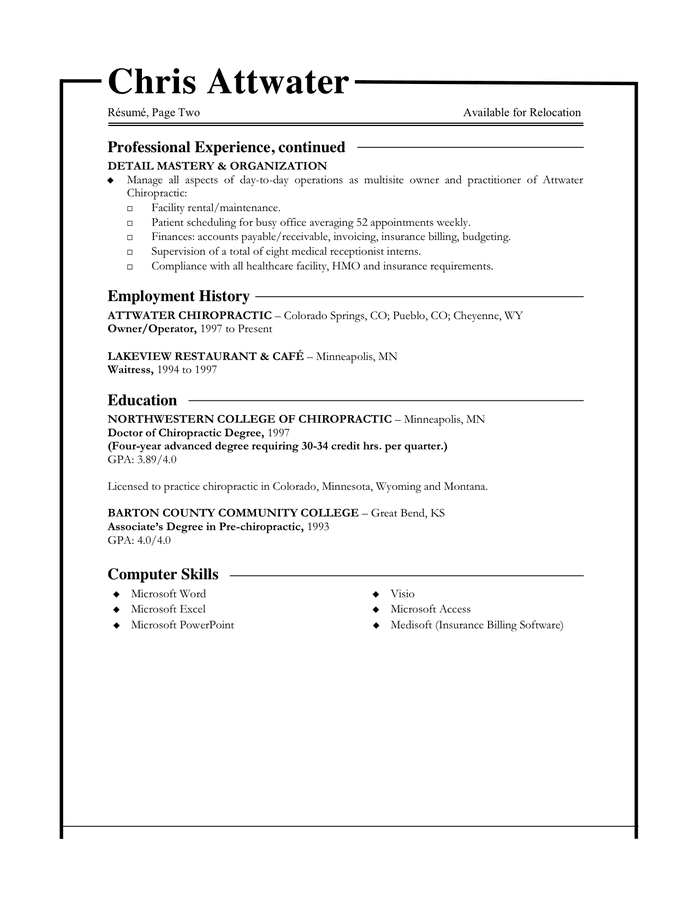 Functional resume sample in Word and Pdf formats - page 2 of 2