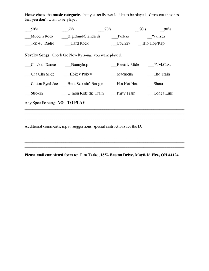 Wedding/Event DJ Itinerary Worksheet in Word and Pdf formats - page 3 of 3