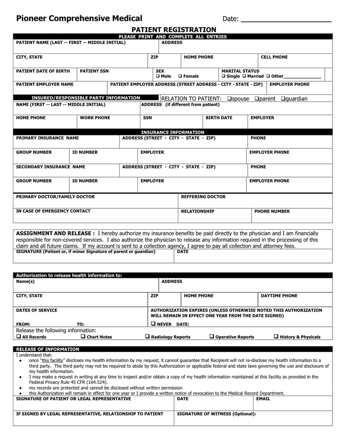 Patient registration form in Word and Pdf formats