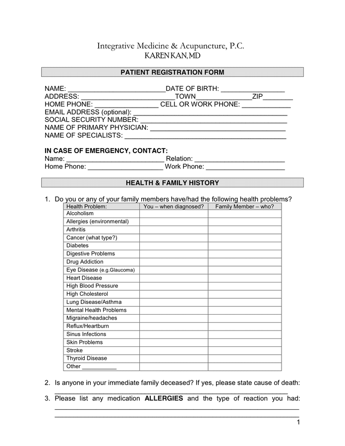 Patient registration form in Word and Pdf formats