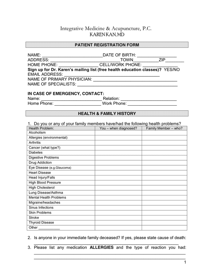 Patient registration form in Word and Pdf formats