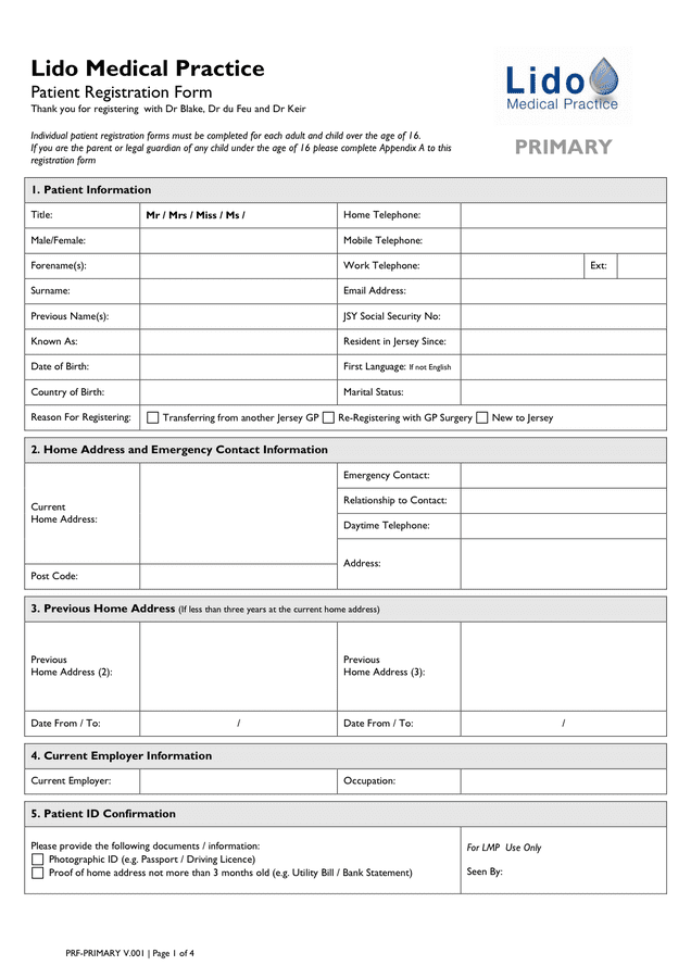 Patient Registration Form in Word and Pdf formats