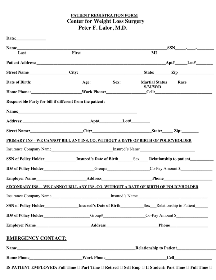 Patient registration form in Word and Pdf formats