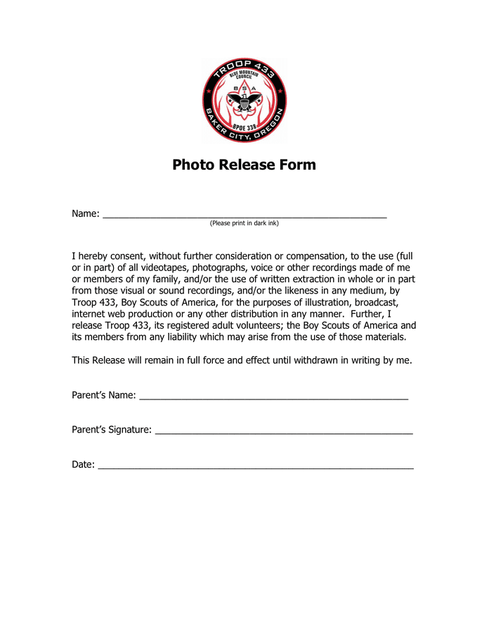 Photo Release Form in Word and Pdf formats