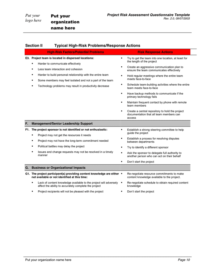 Risk Assessment Questionnaire Template In Word And Pdf Formats Page