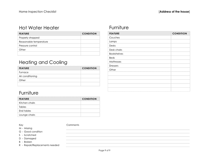 Home Inspection Checklist in Word and Pdf formats - page 9 of 9