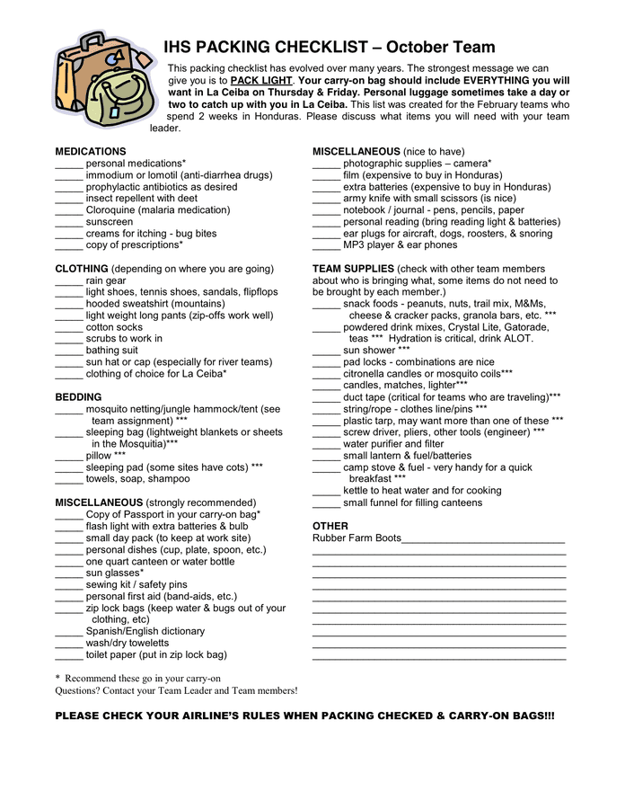 Packing checklist in Word and Pdf formats