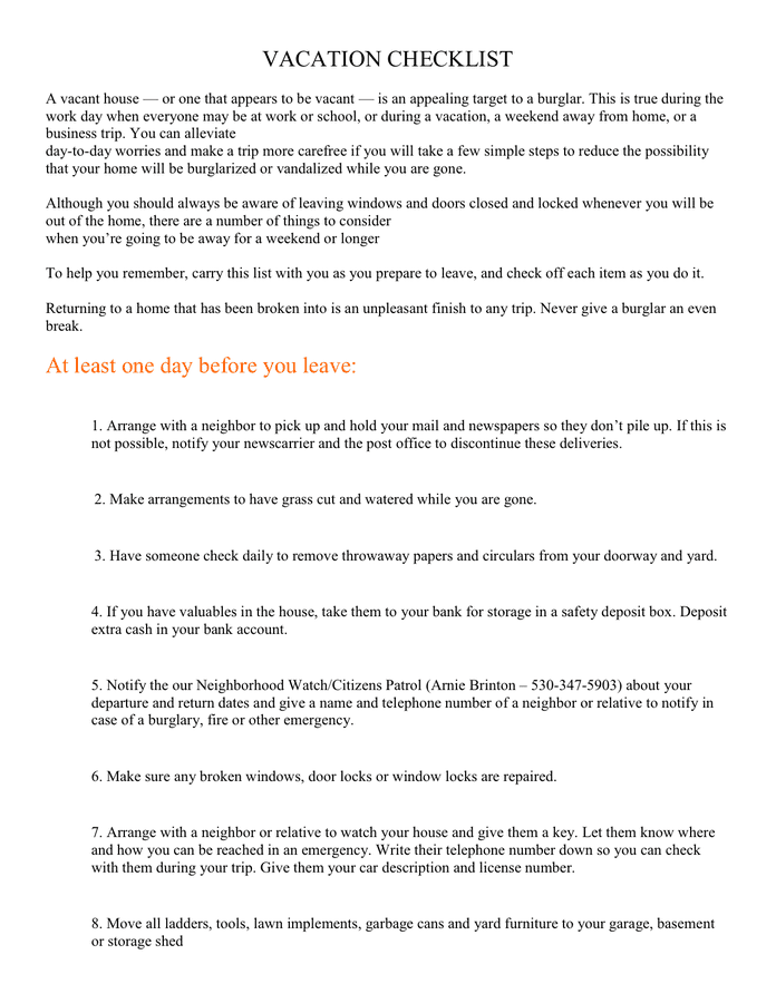 Vacation checklist in Word and Pdf formats