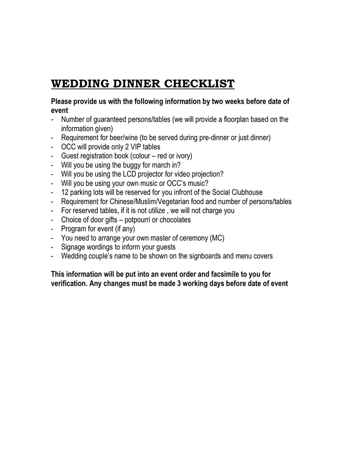 Wedding dinner checklist in Word and Pdf formats - page 2 of 4