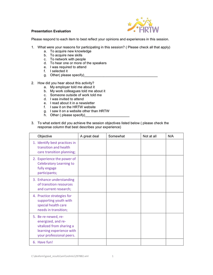 Presentation Evaluation Template In Word And Pdf Formats