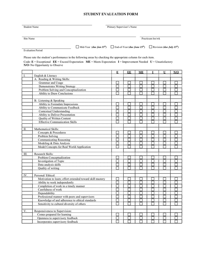 Student Evaluation Form In Word And Pdf Formats