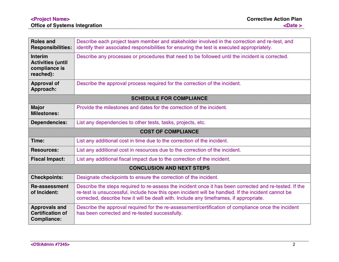 Corrective Action Plan Template In Word And Pdf Formats Page 2 Of 3