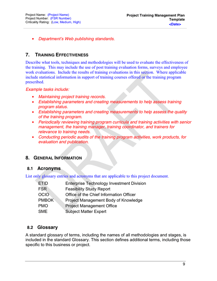 Project Training Management Plan in Word and Pdf formats - page 13 of 18