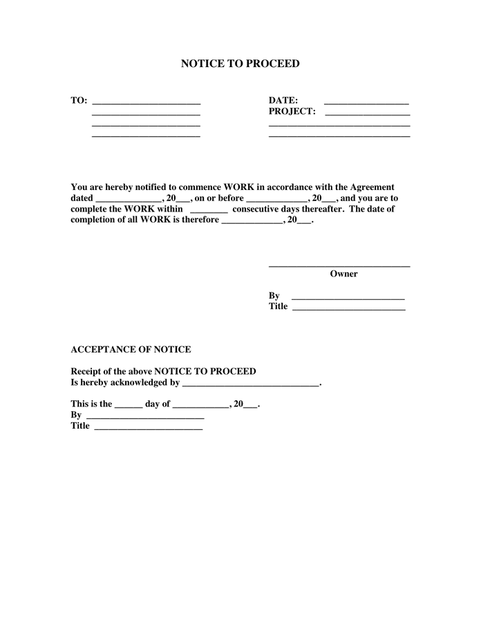 Notice To Proceed In Word And Pdf Formats
