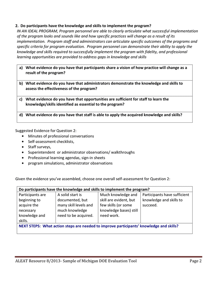 Draft Program Evaluation Tool in Word and Pdf formats - page 2 of 6