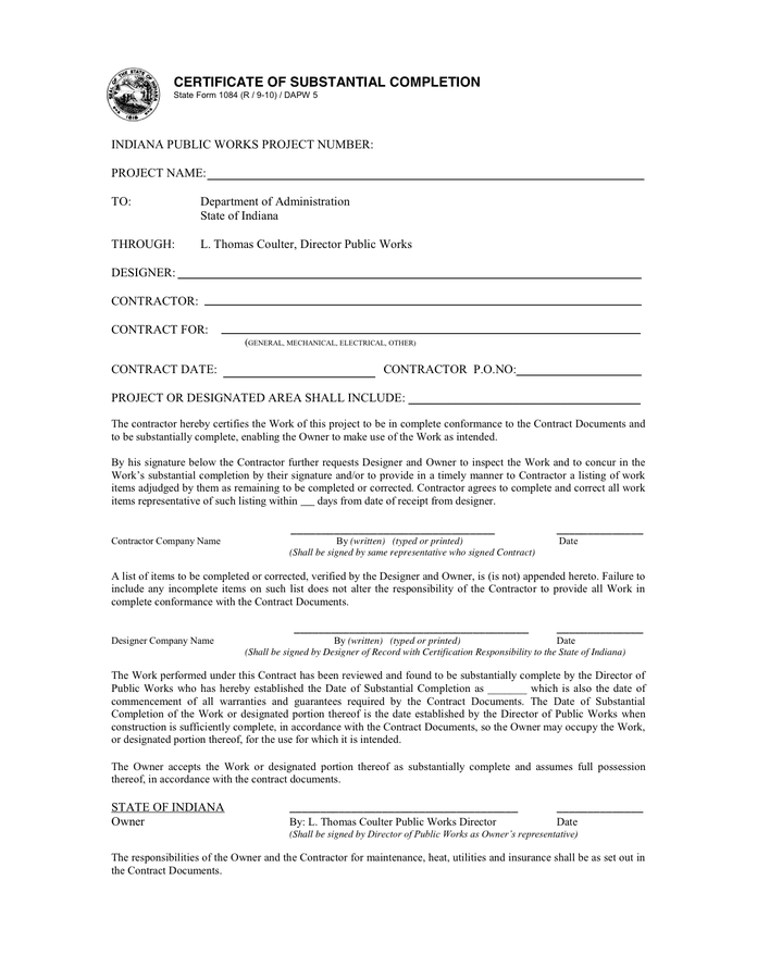 Certificate Of Substantial Completion In Word And Pdf Formats