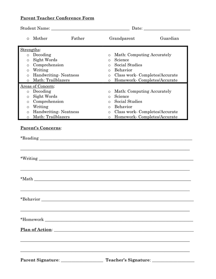 Parent Teacher Conference Form In Word And Pdf Formats