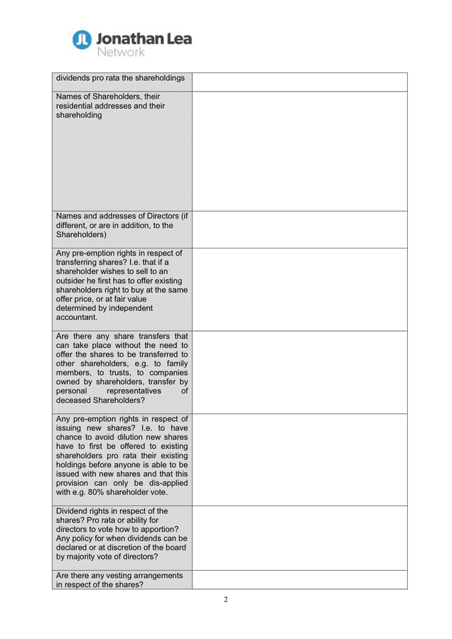 SHAREHOLDERS AGREEMENT QUESTIONNAIRE in Word and Pdf formats - page 2 of 6