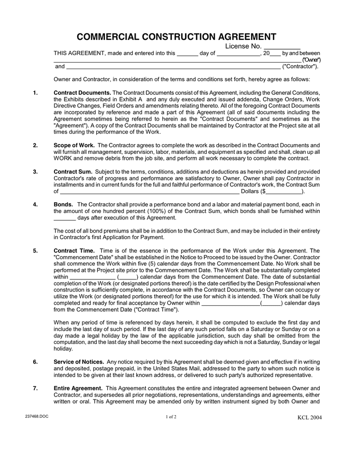 COMMERCIAL CONSTRUCTION AGREEMENT Sample In Word And Pdf Formats