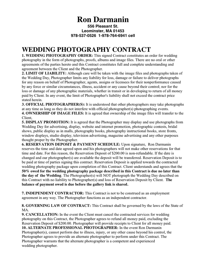 WEDDING PHOTOGRAPHY CONTRACT In Word And Pdf Formats