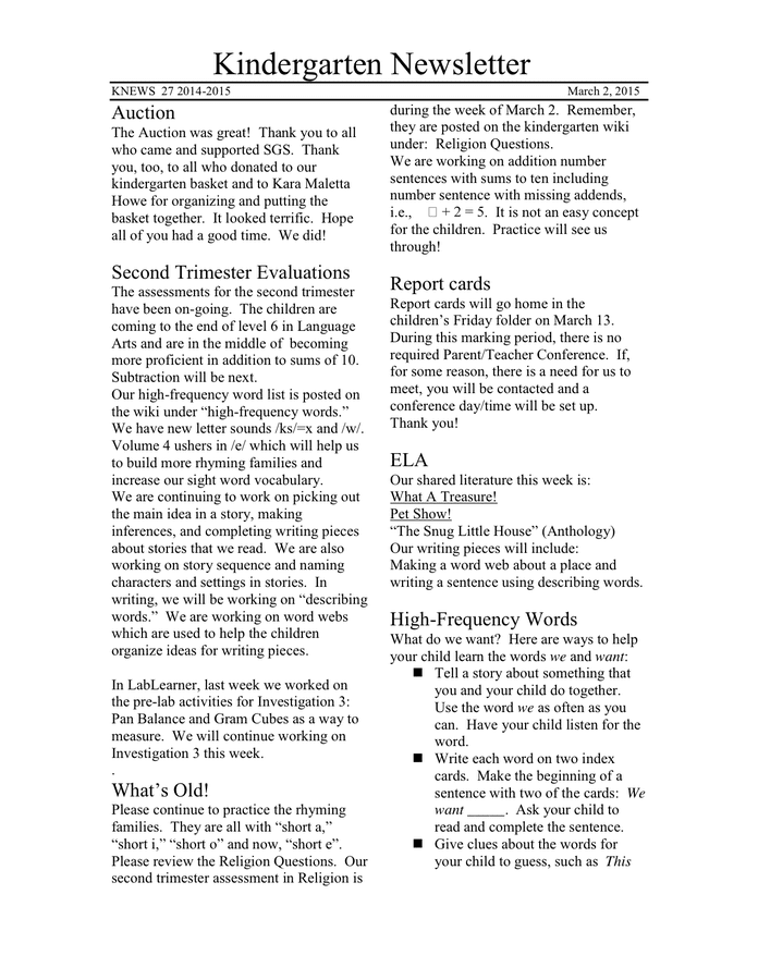 Kindergarten Newsletter Template - download free documents for PDF ...
