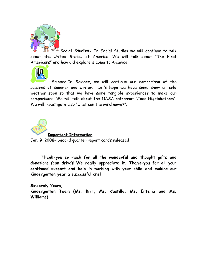 Kindergarten Newsletter Sample in Word and Pdf formats - page 2 of 2