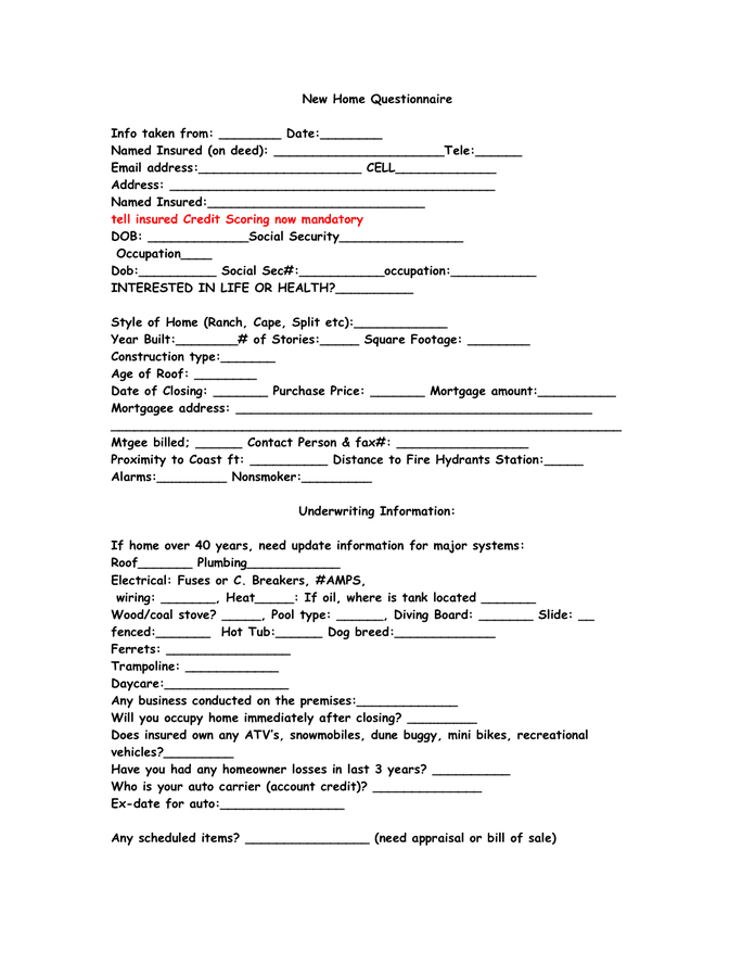 New Home Questionnaire in Word and Pdf formats