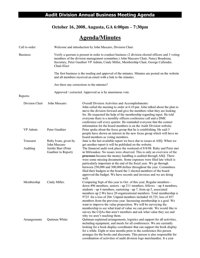 SAMPLE MEETING AGENDA in Word and Pdf formats