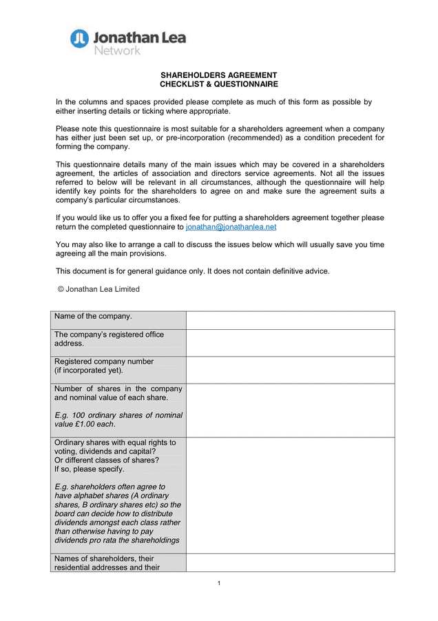 SHAREHOLDERS AGREEMENT QUESTIONNAIRE in Word and Pdf formats