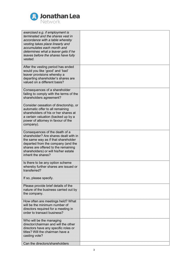 SHAREHOLDERS AGREEMENT QUESTIONNAIRE in Word and Pdf formats - page 3 of 6