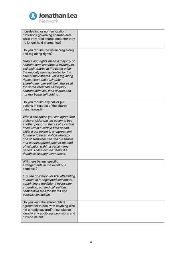 SHAREHOLDERS AGREEMENT QUESTIONNAIRE in Word and Pdf formats - page 6 of 6