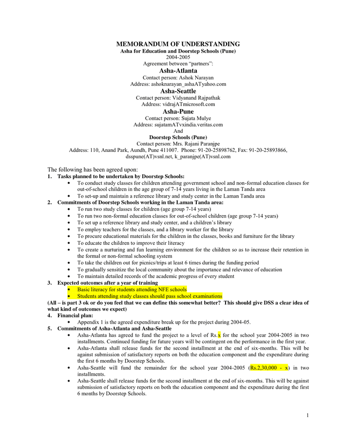 MEMORANDUM OF UNDERSTANDING in Word and Pdf formats