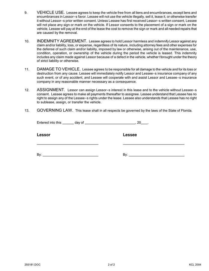 MOTOR VEHICLE LEASE in Word and Pdf formats - page 2 of 2