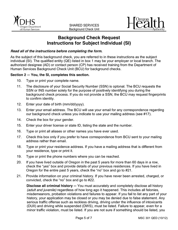 Background Check Request Form 301QED in Word and Pdf formats - page 5 of 7