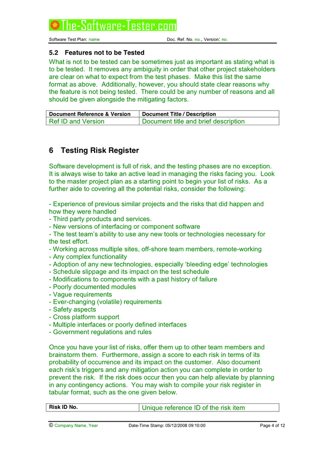 Software Test Plan Template in Word and Pdf formats - page 4 of 12