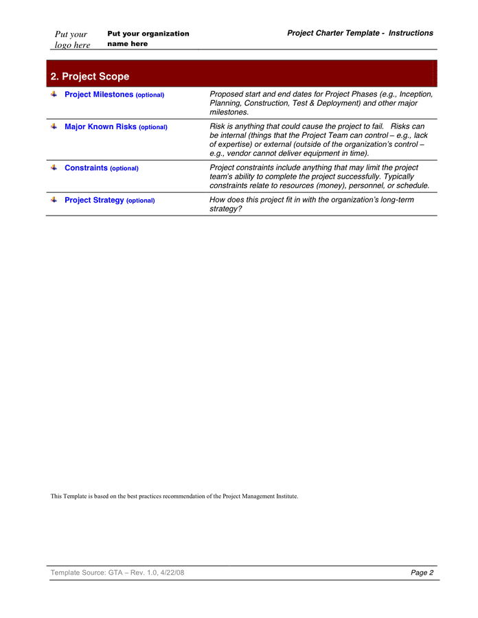 Project Charter Guidelines & Template in Word and Pdf formats - page 2 of 2 Project Charter Guidelines & Template in Word and Pdf formats - page 2 of 2