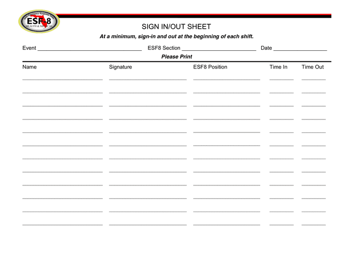 Sign in/out sheet in Word and Pdf formats