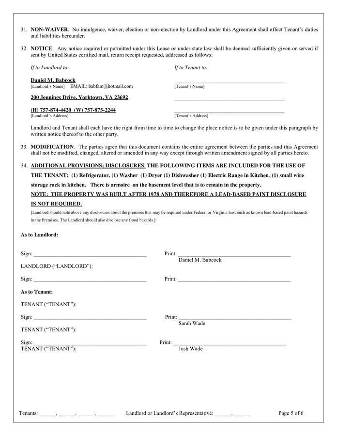 Virginia Residential Lease Agreement In Word And Pdf Formats Page 5 Of 6