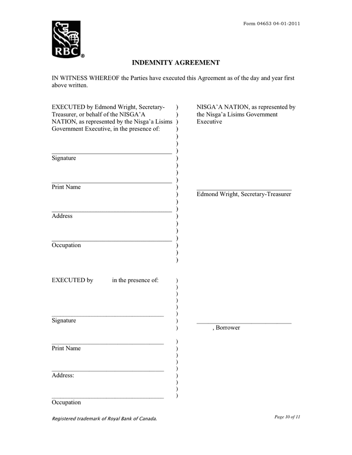 INDEMNITY AGREEMENT in Word and Pdf formats - page 10 of 11