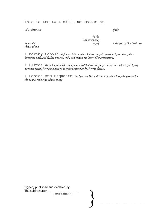 Last Will and Testament Sample in Word and Pdf formats