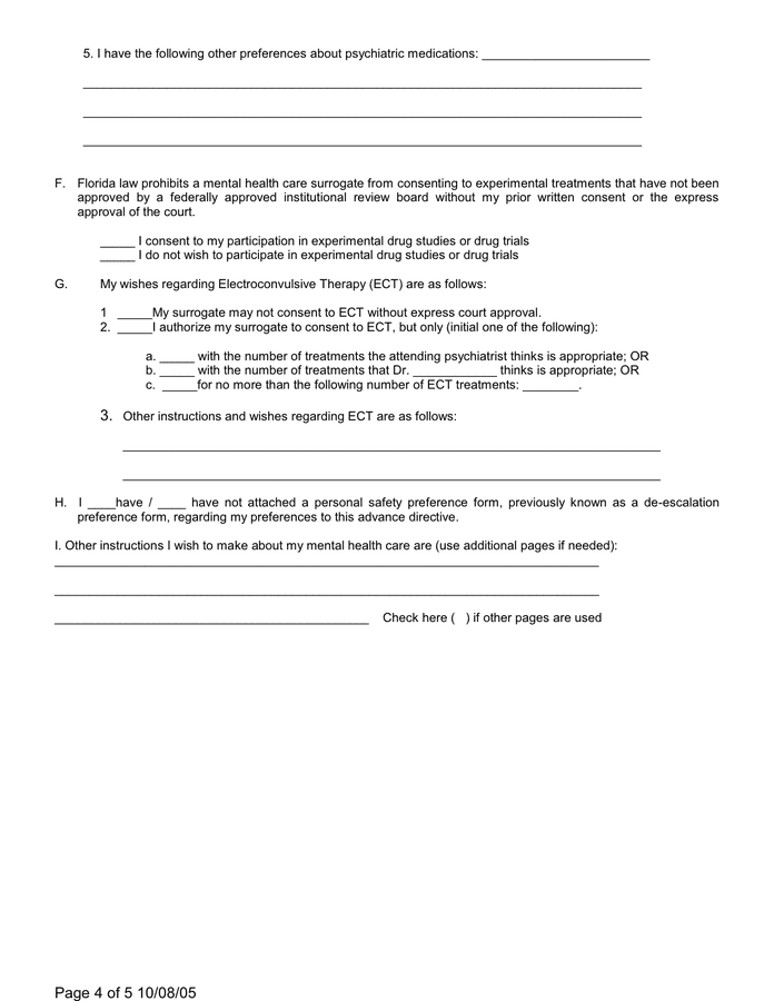 Mental Health Advance Directive in Word and Pdf formats - page 4 of 5