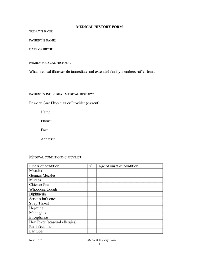 MEDICAL HISTORY Form in Word and Pdf formats