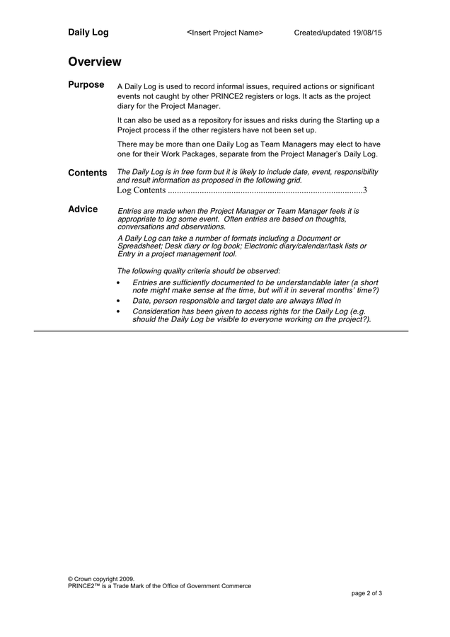 Daily Log Template in Word and Pdf formats - page 2 of 3