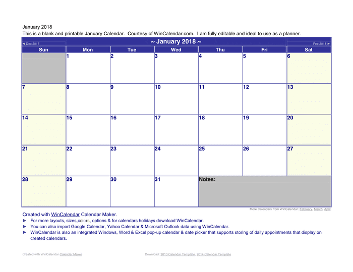 January 2018 Calendar - download free documents for PDF, Word and Excel
